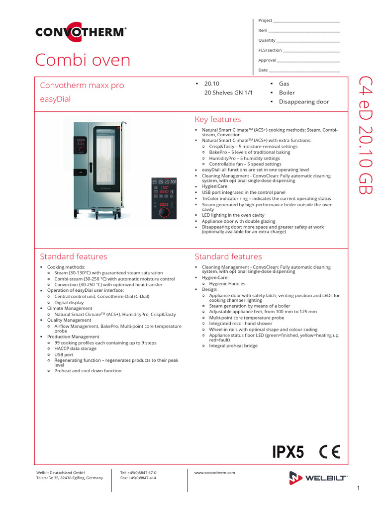 Convotherm Maxx Pro Easydial 20 10 Gas Boiler Disappearing Door Specification | PDF | Natural ...