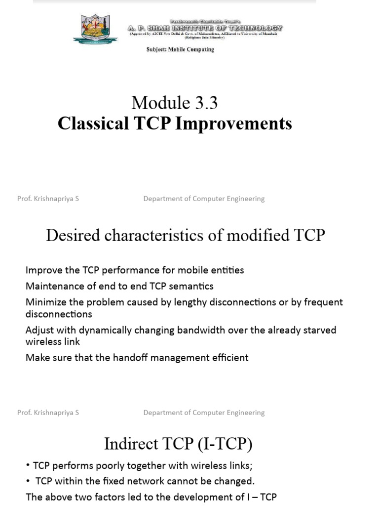 Mod. 3.3 Indirect TCP, Snooping TCP, Mobile TCP | PDF | Transmission Control Protocol | Computing