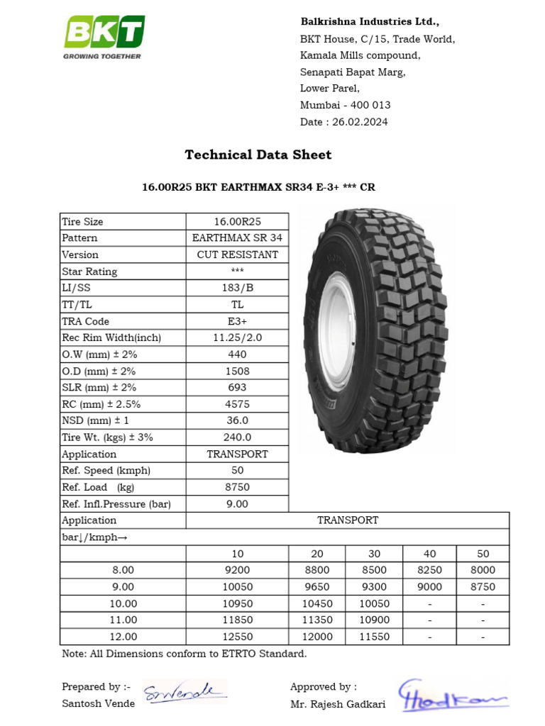 16.00R25 BKT EARTHMAX SR34 E-3+ THREE STAR CR Dt. 26.02.2024 | PDF