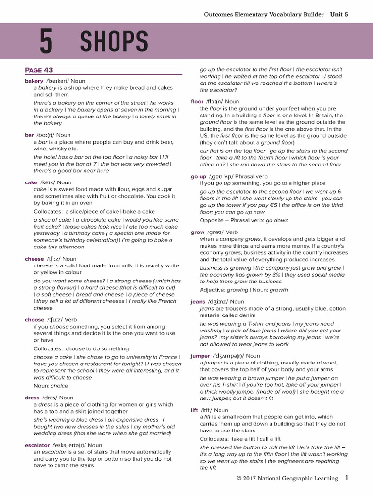 Outcomes Elementary VocabularyBuilder Unit5 | PDF