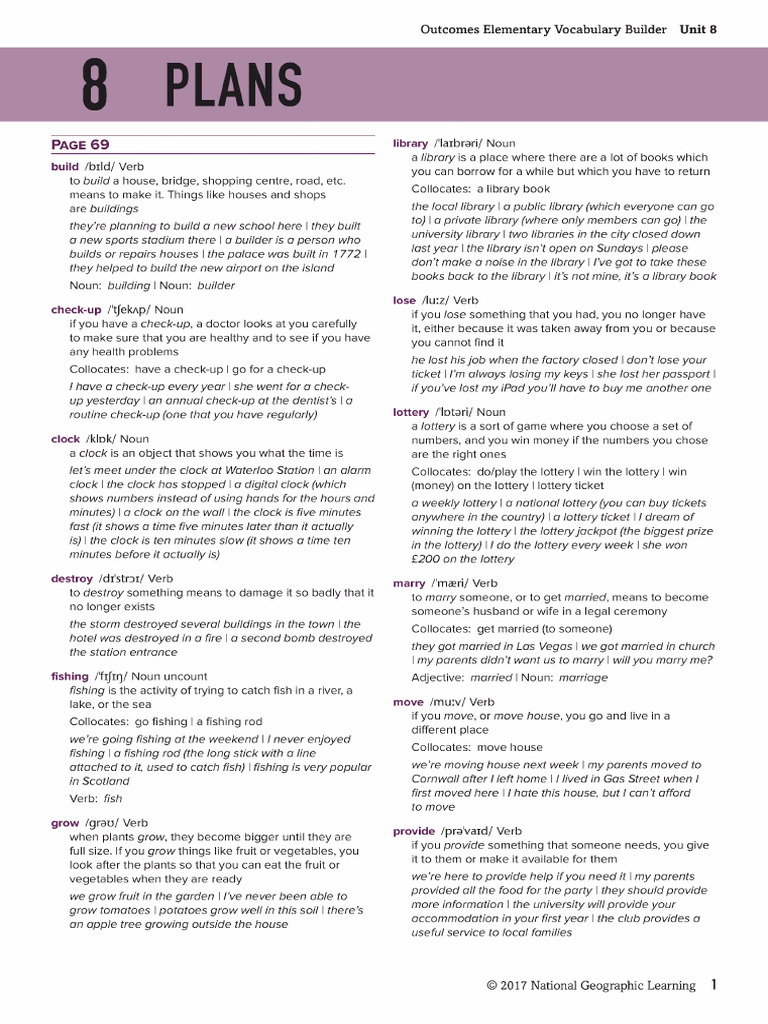 Outcomes Elementary VocabularyBuilder Unit8 | PDF