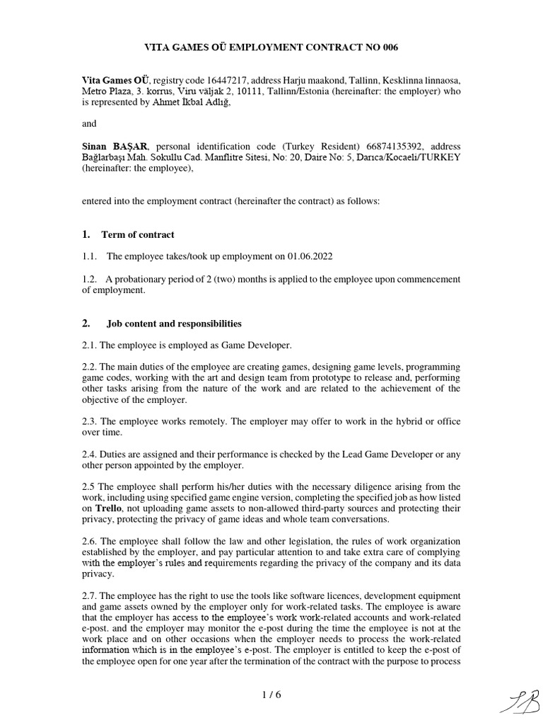 (Completed) VITA GAMES OÜ CONTRACT - SİNAN BAŞAR | PDF | Employment ...