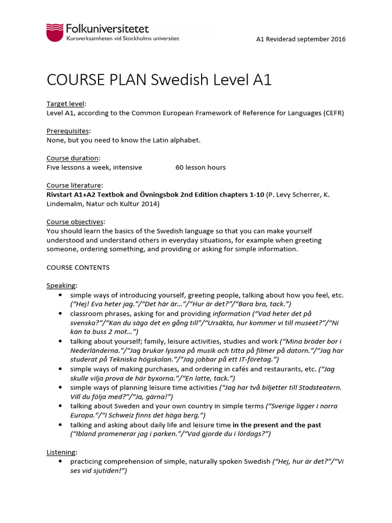 Course Plan Swedish Level A1 | PDF