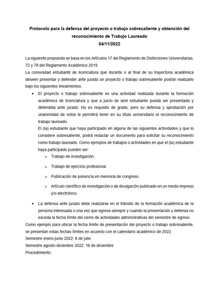 Protocolo Defensa Del Proyecto o Trabajo y Obtencion de Trabajo Laureado-aprobadoCD | PDF
