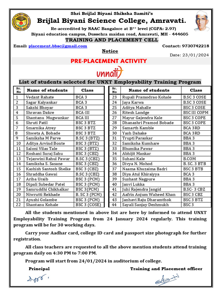 UNNATI List of Selected Students | PDF