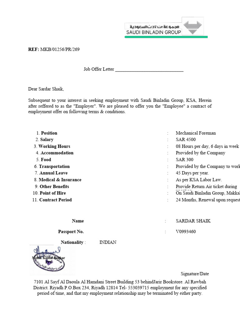 Saudi Binladin Group Job Offer Letter | PDF