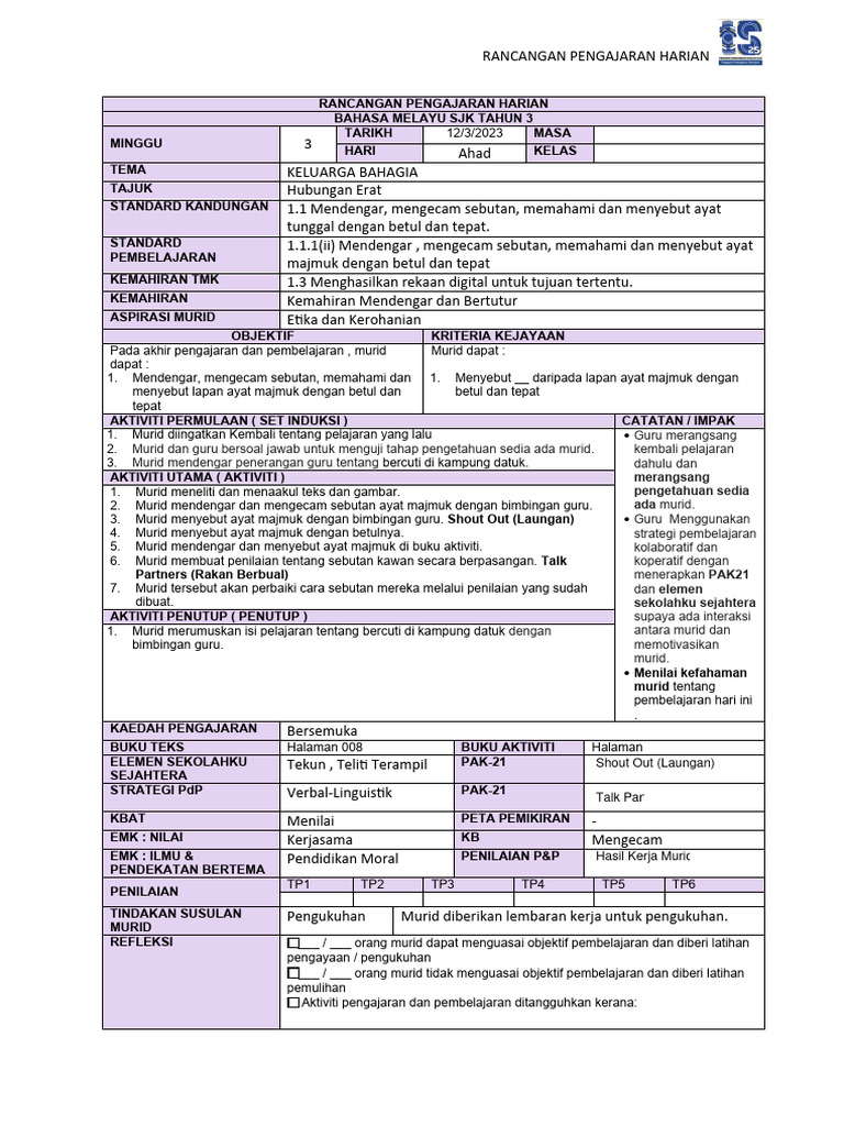 RPH Minggu 3 BM SJK THN 3 2023 by Cikgu Gorgeous | PDF | Karier ...