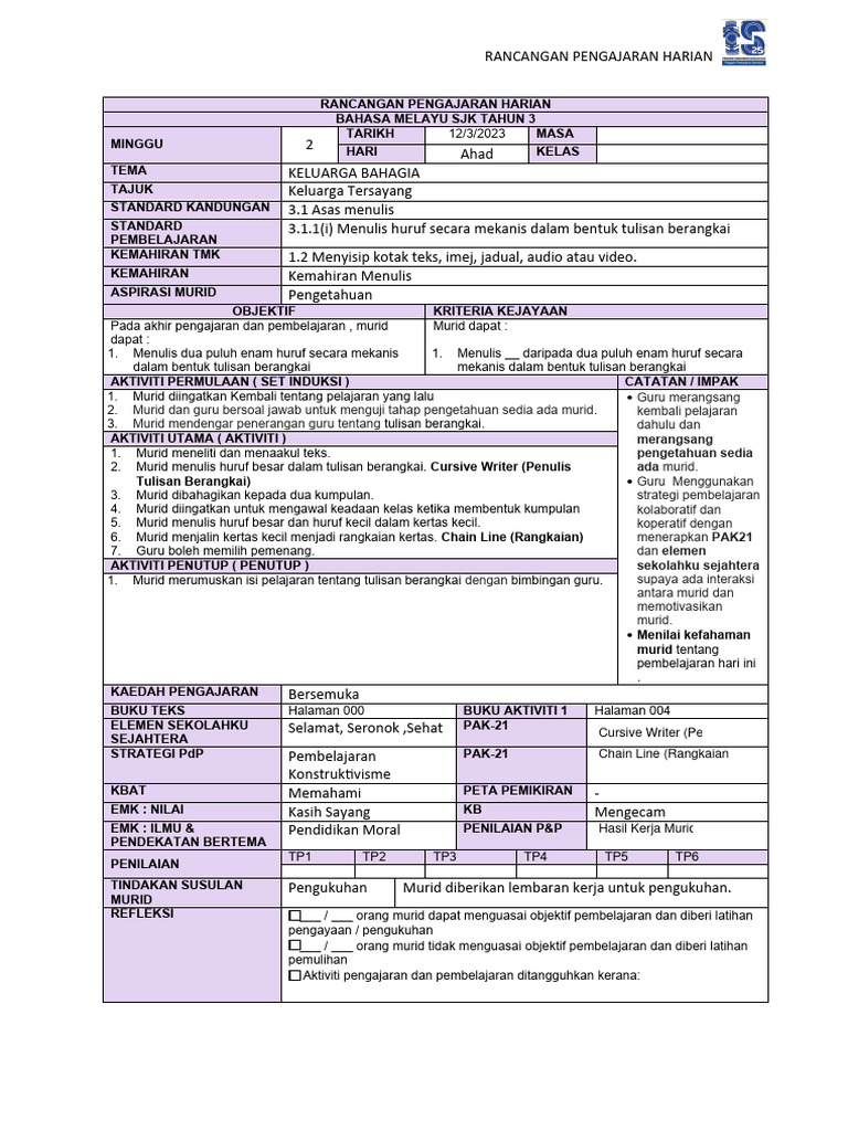 RPH Minggu 2 BM SJK THN 3 2023 by Cikgu Gorgeous | PDF