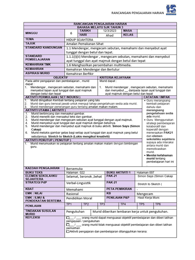 RPH Minggu 6 BM SJK THN 3 2023 by Cikgu Gorgeous | PDF