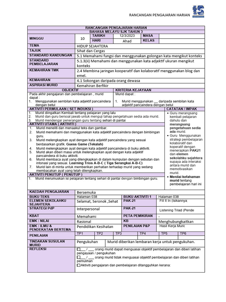 RPH Minggu 10 BM SJK THN 3 2023 by Cikgu Gorgeous | PDF
