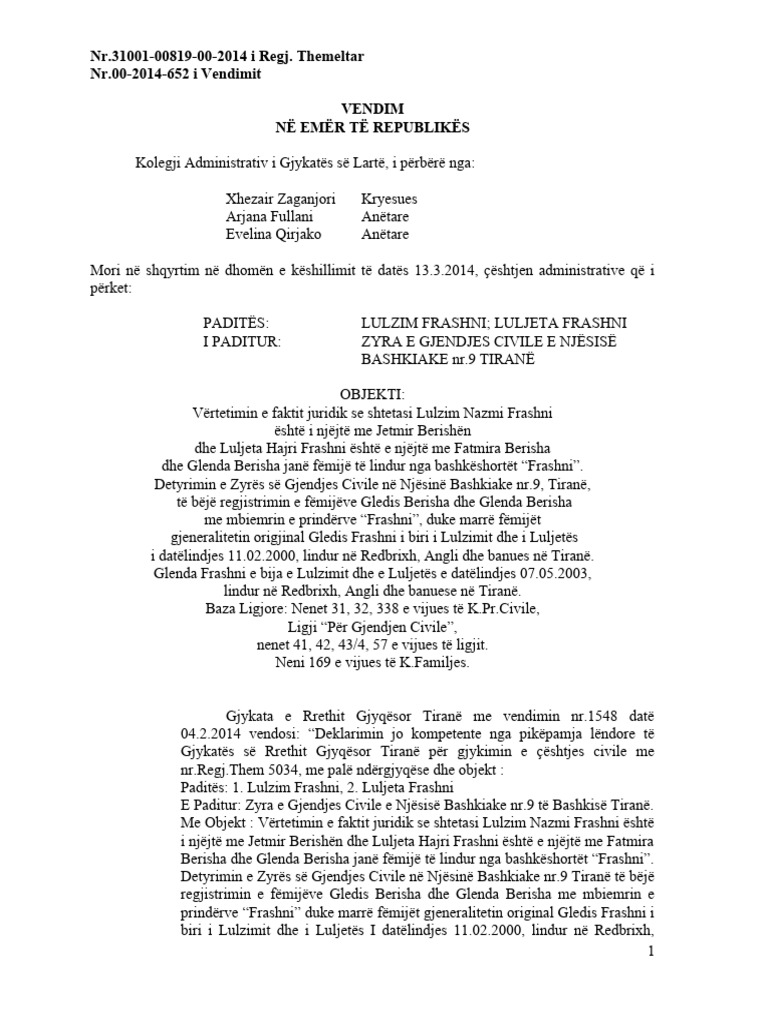 Kompetenca Per Vertetim Fakte Gjendja Civile | PDF