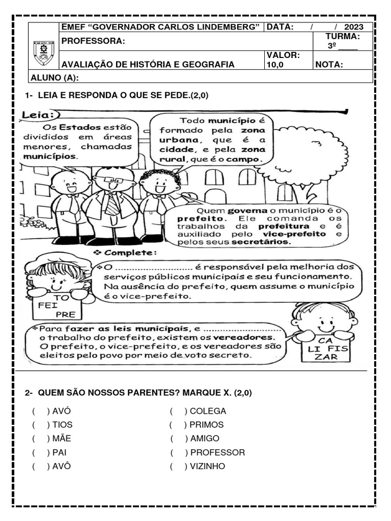 Avaliação de Hist e Geo 3°ano D | PDF | Casa e Jardim | Ciências e ...