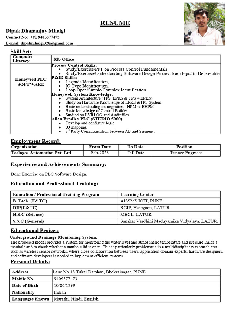 Dipak Mhalgi Resume | PDF | Programmable Logic Controller | Software