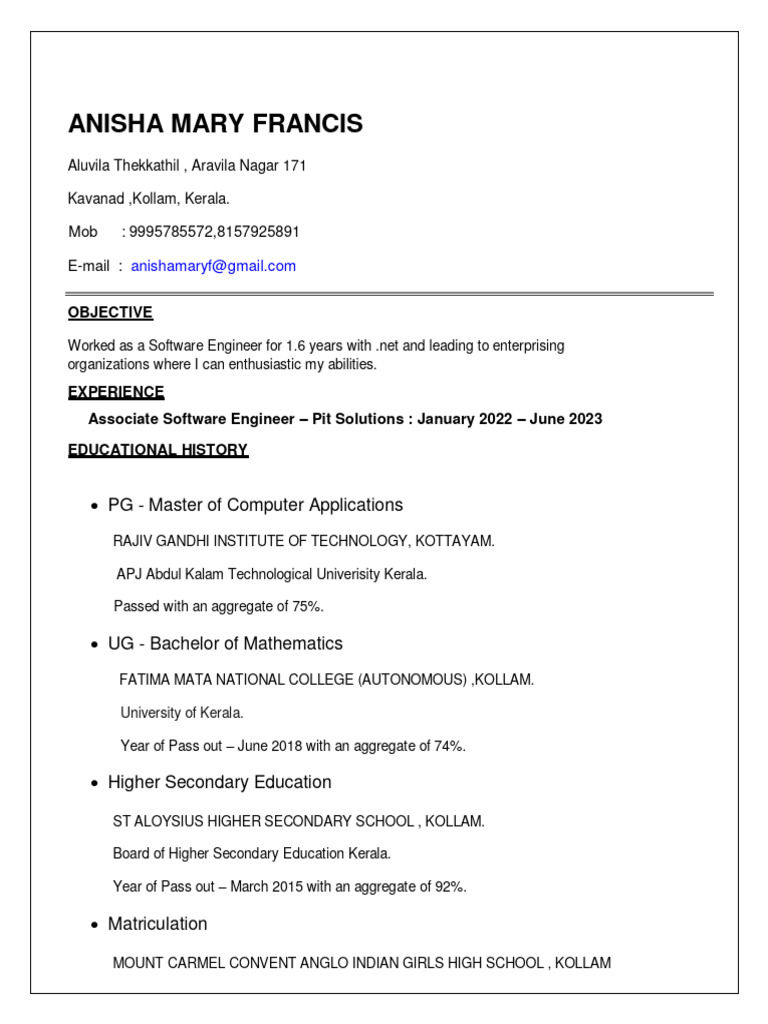 Resume Anisha Mary Francis | PDF | Cloud Computing | Computing