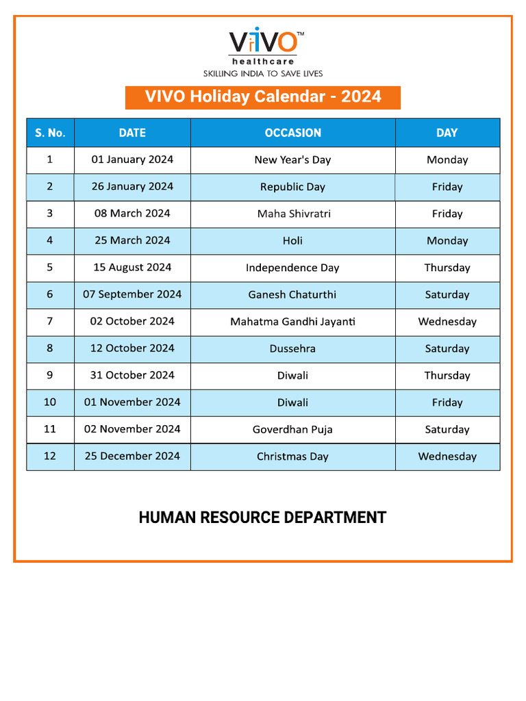 VIVO Holiday Calendar 2024 | PDF