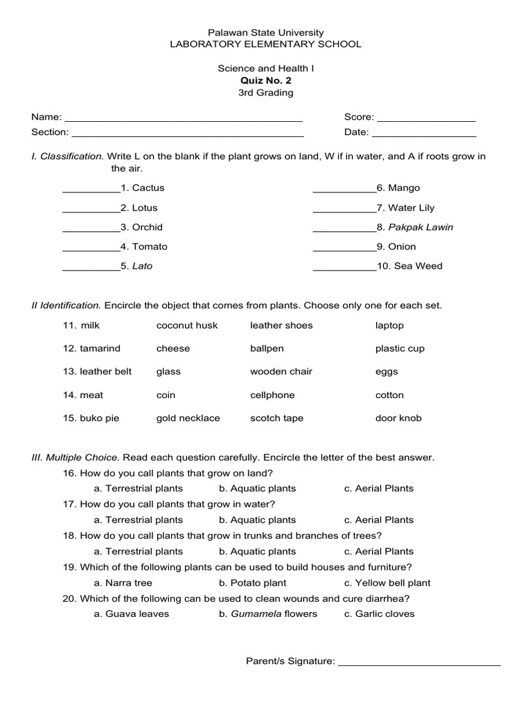 Plant Habitats Quiz Grade 1 | PDF | Plants | Botany