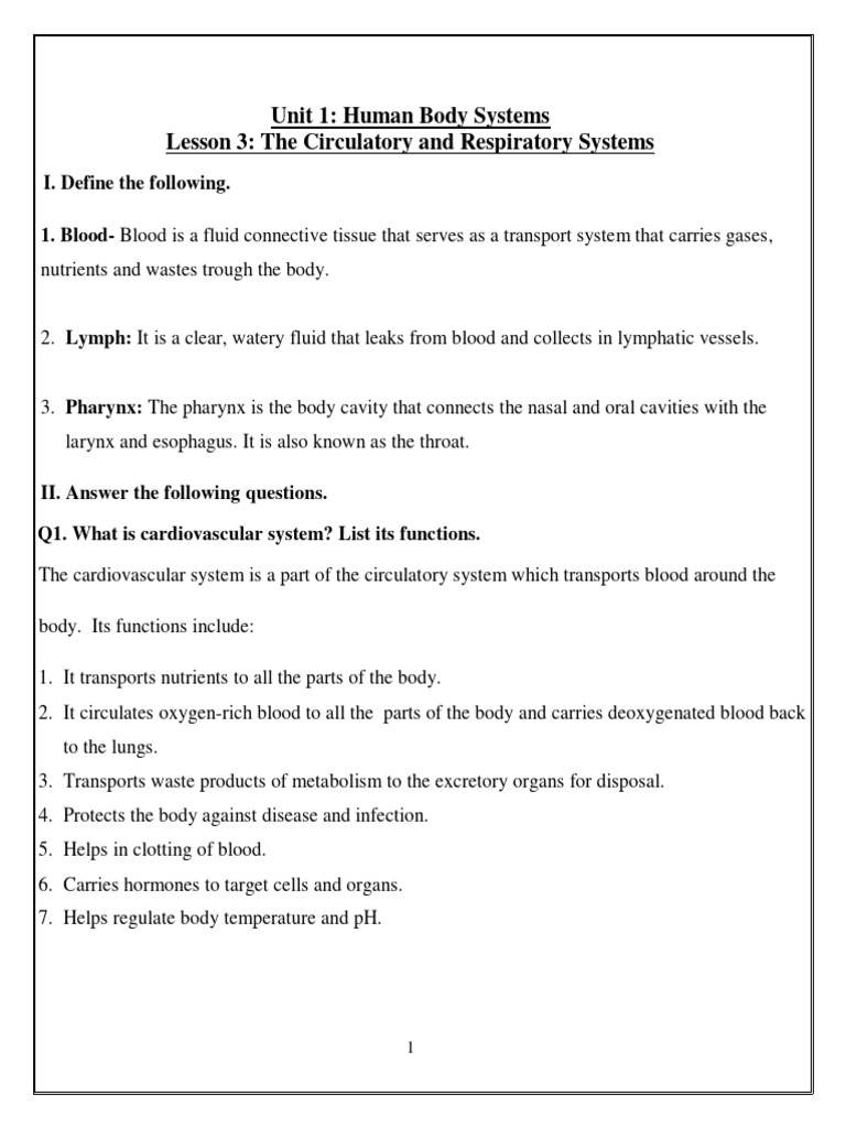 Unit 1: Human Body Systems Lesson 3: The Circulatory and Respiratory ...
