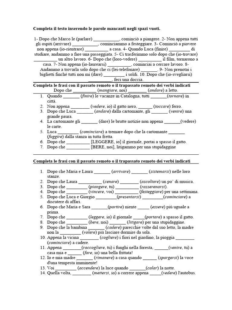 Ejercicios Trapassato Remoto | PDF