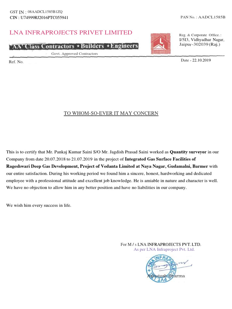 LNA Experience Letter | PDF