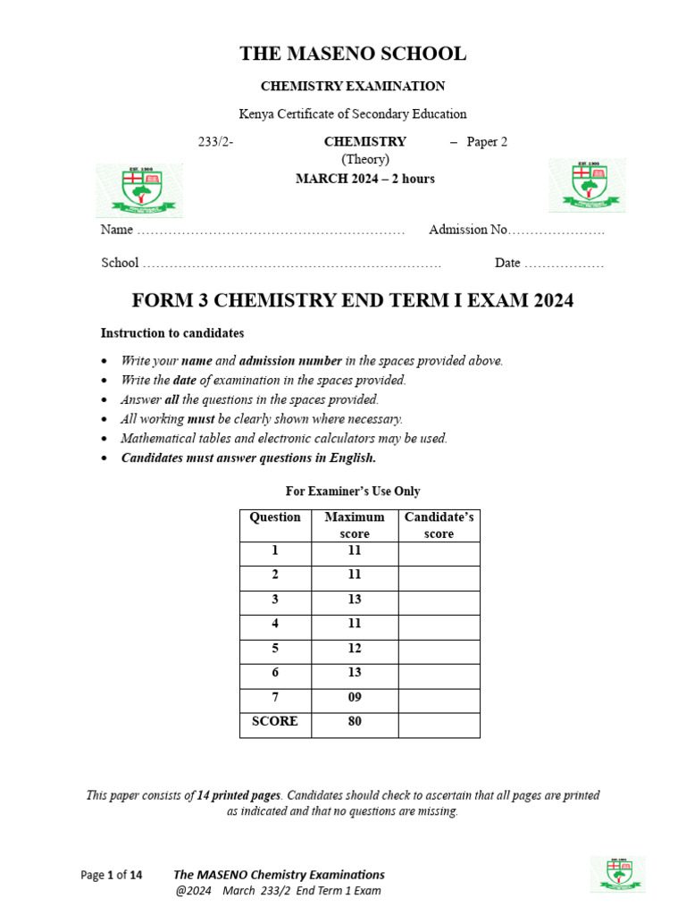 Chemistry Form 3 End Term 1 2024 | PDF | Precipitation (Chemistry) | Gases