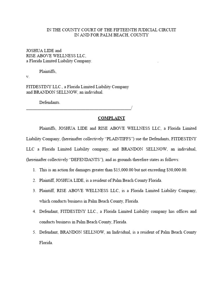 Complaint Against FitDestiny LLC and Brandon Sellnow | PDF | Lease ...