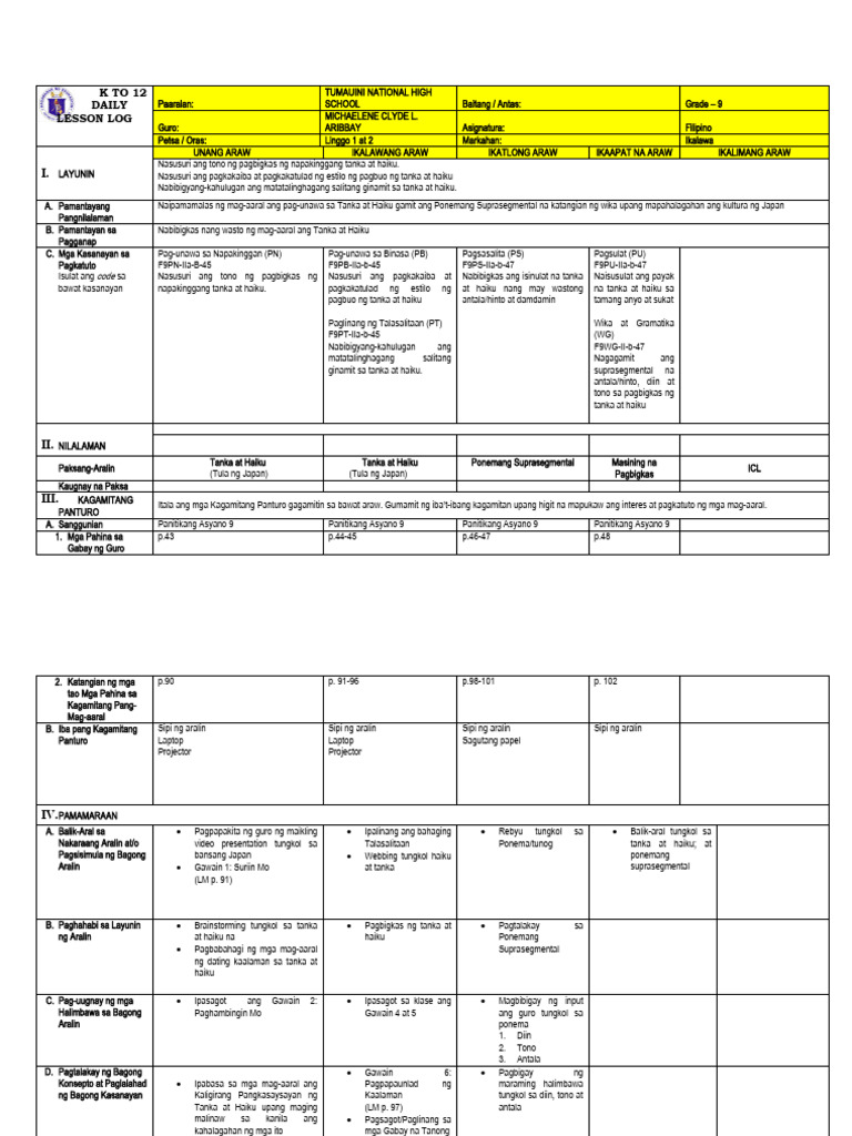 DLL - FILIPINO 9 2ngd Grading (Topic 1) | PDF