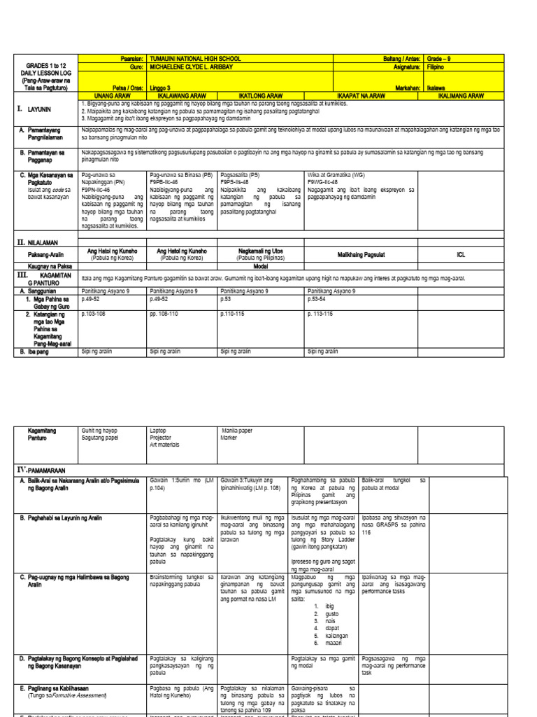 DLL - FILIPINO 9 2ngd Grading (Topic 2) | PDF