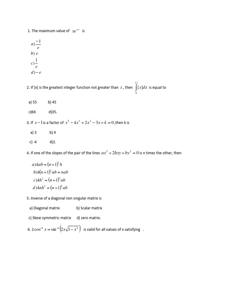2nd Set Mathematics Red | PDF | Function (Mathematics) | Matrix ...