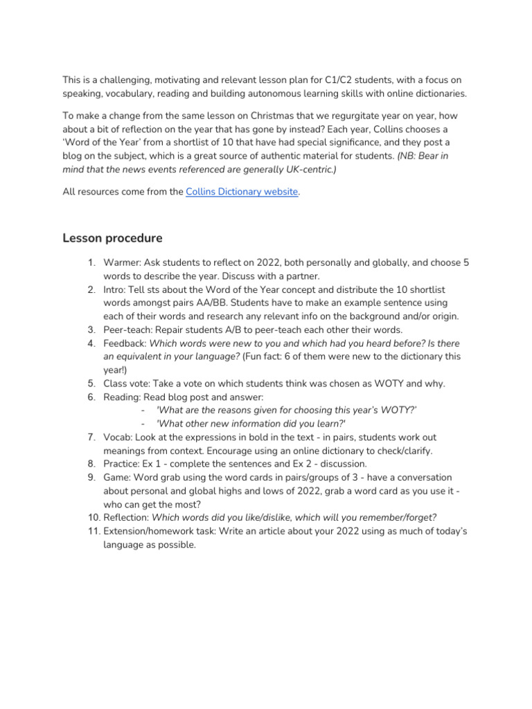 Collins Word of The Year 2022 Teachers Notes | PDF