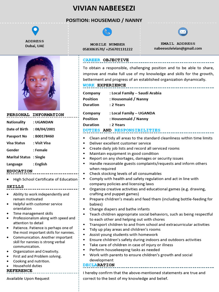 VIVIAN NABEESEZI - Housemaid, Nanny CV | PDF | Nanny | Safety