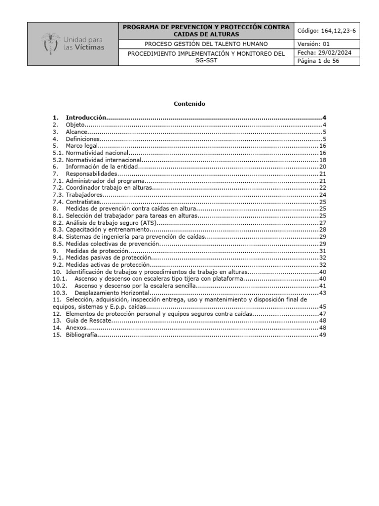 Programa Prevencion Y Proteccion Contra Caidas De Alturas V1 Pdf