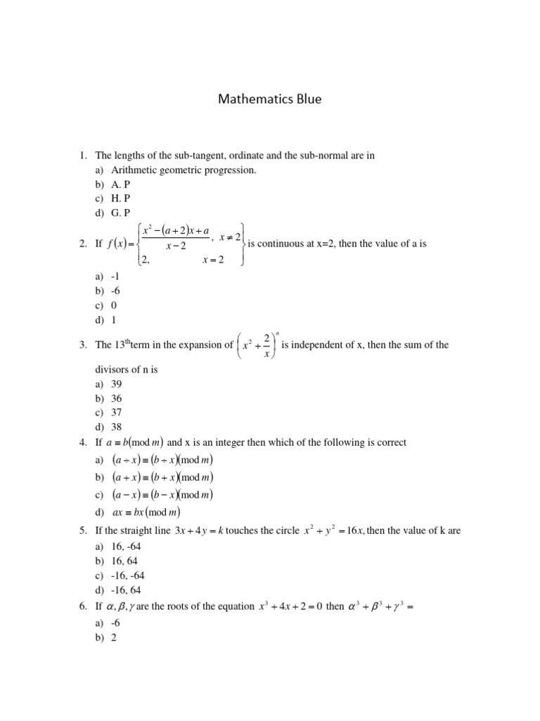 1st Set Blue Mathematics | PDF | Trigonometric Functions | Equations
