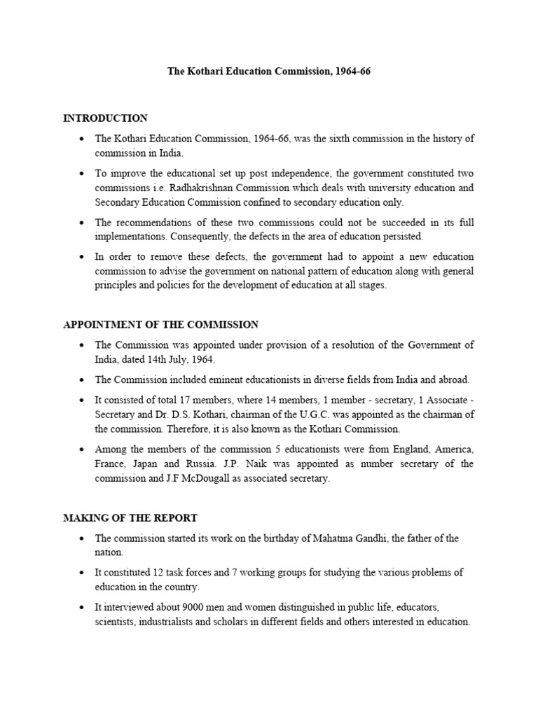 Paper 102 Unit 3 (The Kothari Education Commission) | PDF | Curriculum ...