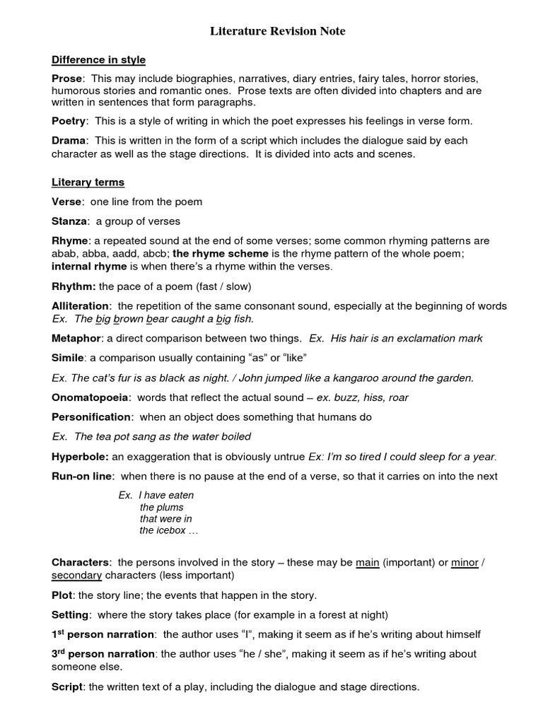 Literature Revision Note | PDF | Poetry | Rhyme