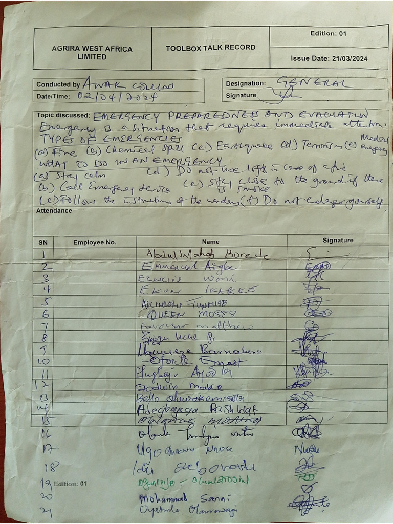 Toolbox Talk Record for First Week of April 2024 (1) | PDF