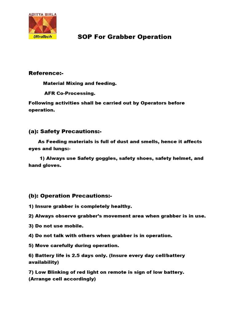 SOP For Grabber Operation New | PDF
