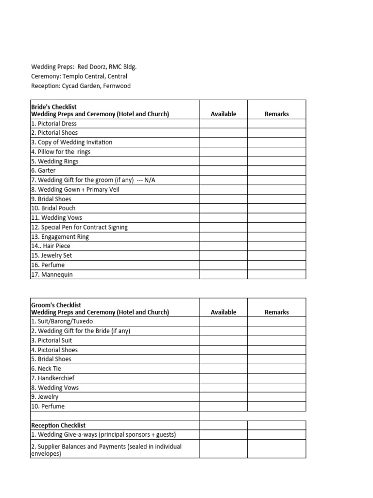 Wedding Prep Checklist for Ceremony & Reception | PDF