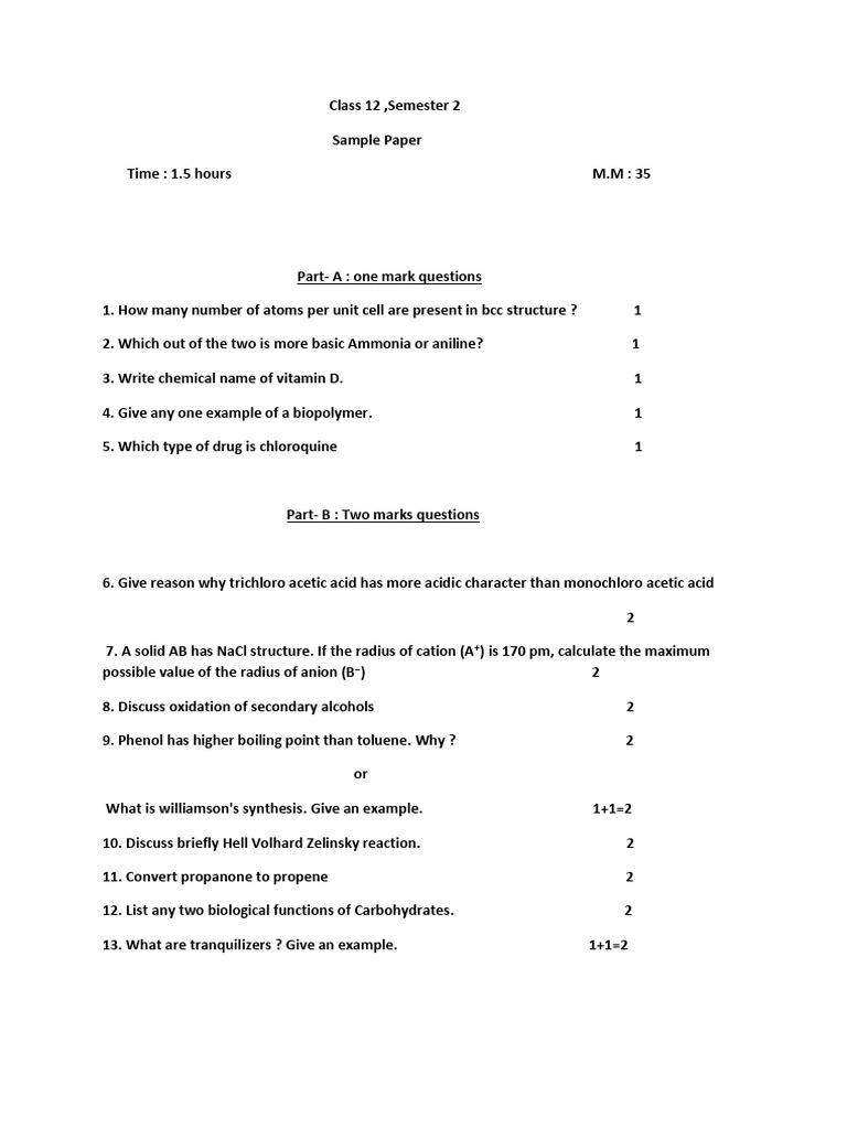 Class 12 Chemistry Semester 2 Sample Paper | PDF | Chemical Reactions ...
