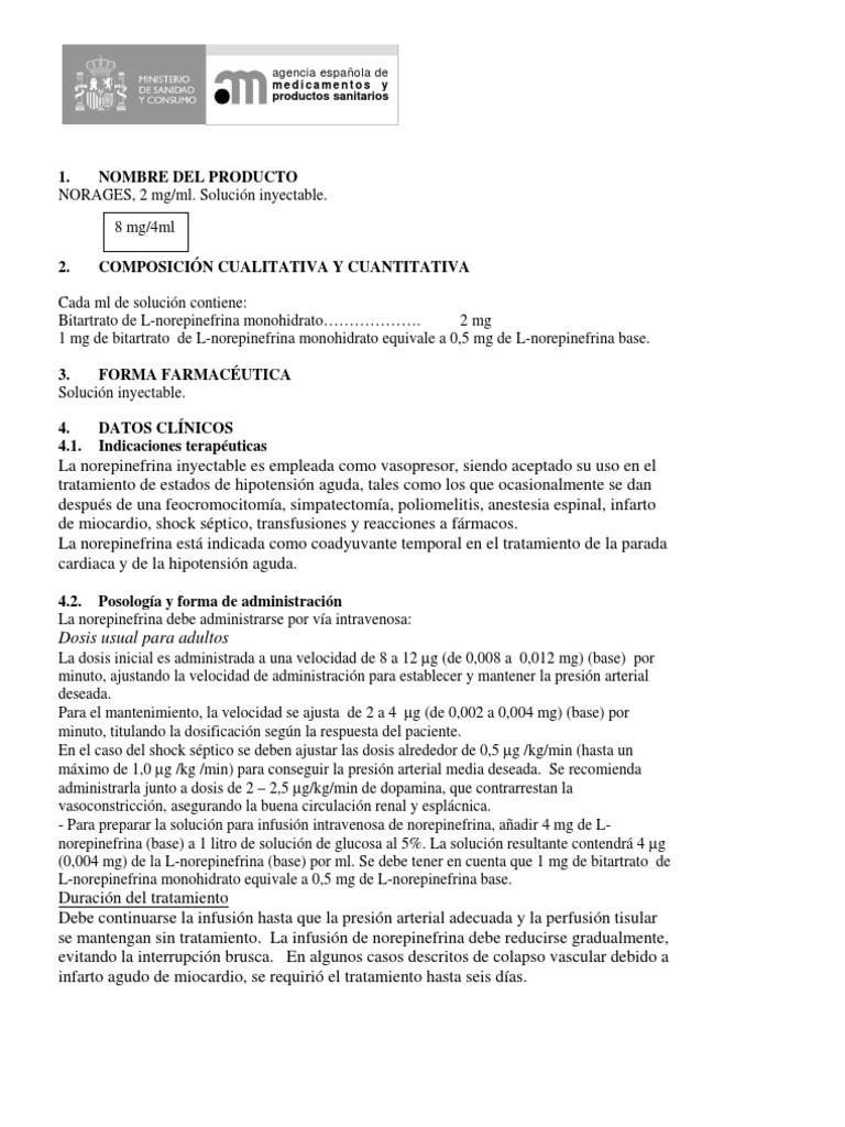 Indicaciones y dosis de norepinefrina | PDF | Norepinefrina ...