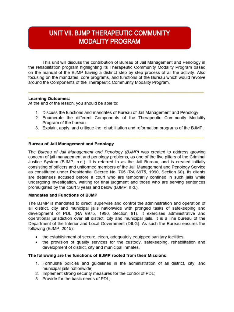 Unit Vii. BJMP Therapeutic Community 2 | PDF | Psychotherapy | Feeling