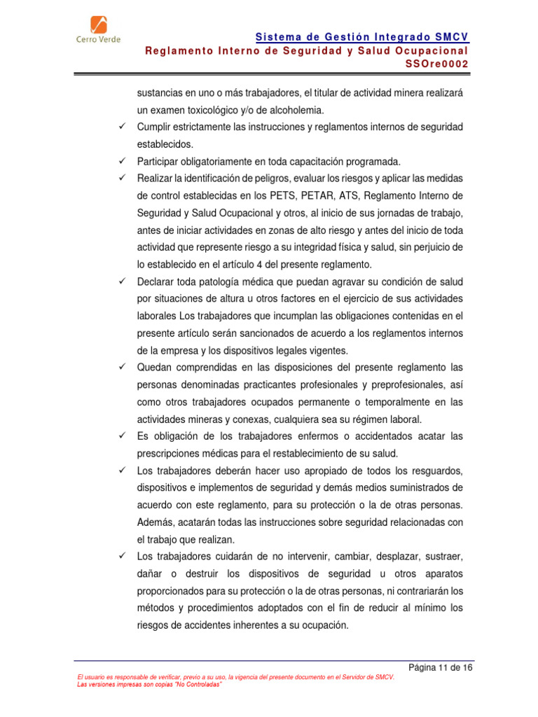 SSOre0002 - Reglamento Interno de Seguridad y Salud Ocupacional - v.03-11 | PDF | Seguridad y ...