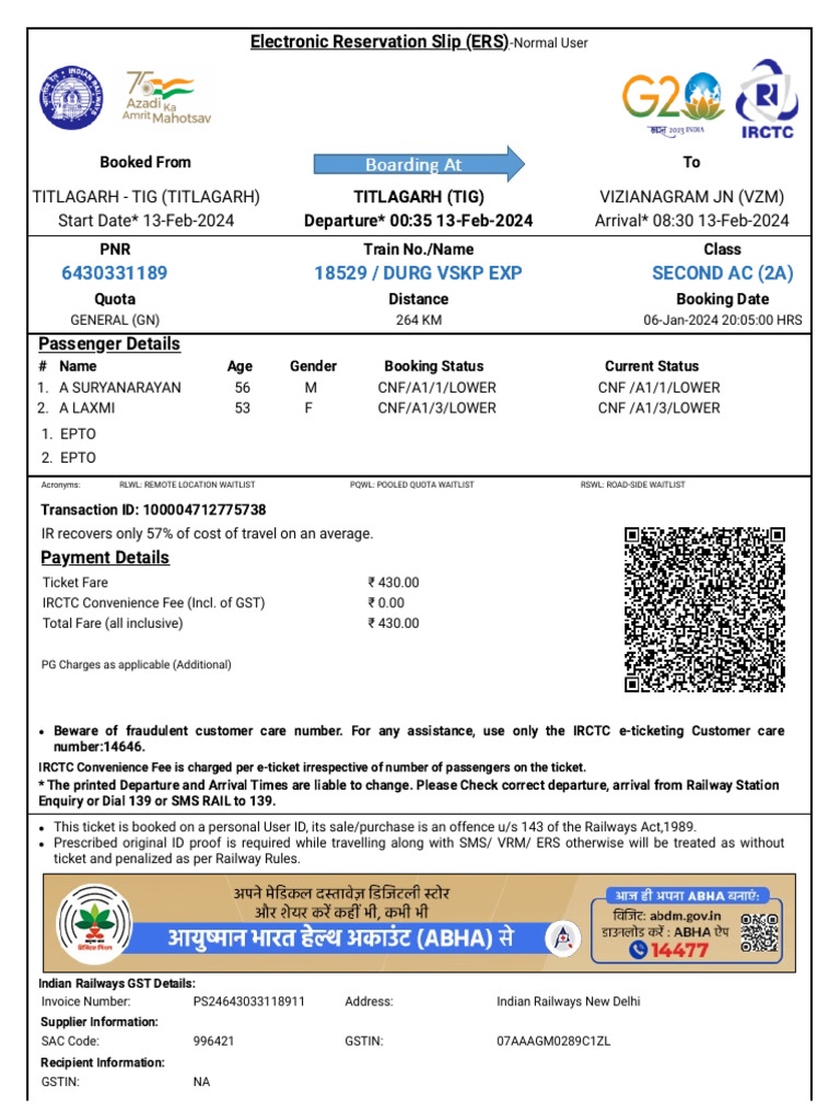 Durg VSKP Exp Second Ac (2A) : Electronic Reservation Slip (ERS) | PDF | Identity Document ...