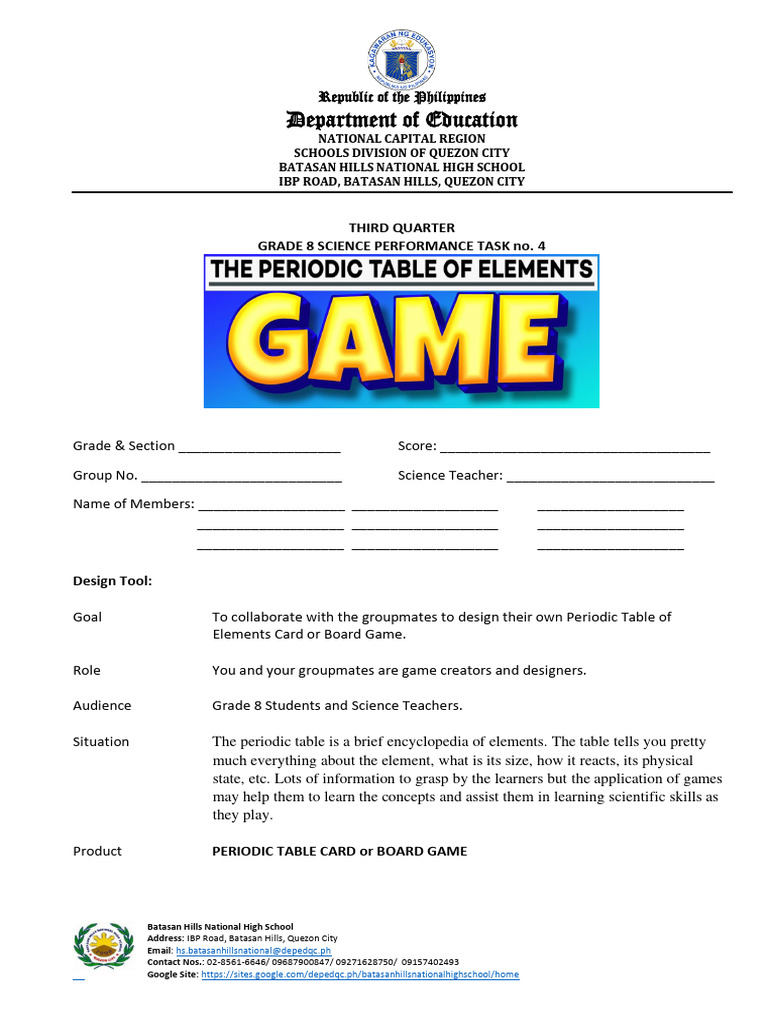 Grade 8 Science Periodic Table Game Project | PDF | Science Education ...