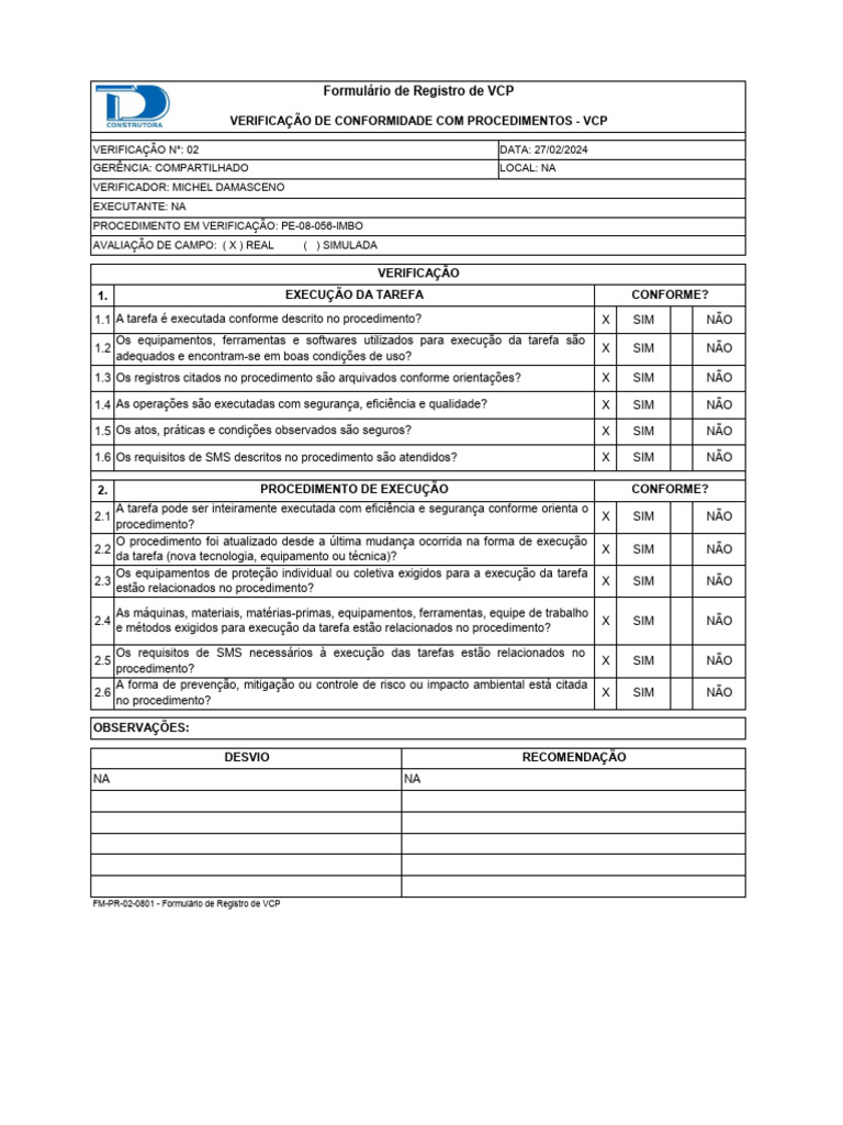 02. FM-PR-02-0801 - Formulário de registro de VCP | PDF | Informática