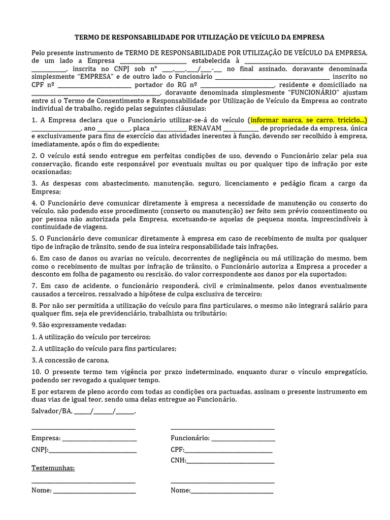 Termo De Resposabilidade Para Uso Do Veiculo Pdf