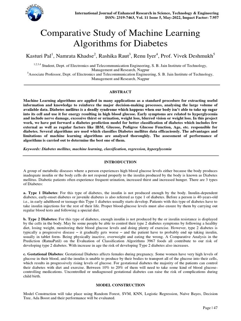 Comparative Study of Machine Learning Algorithms For Diabetes | PDF ...