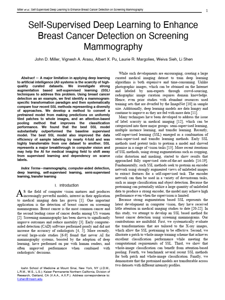 Self-Supervised Deep Learning To Enhance Breast Cancer Detection On ... Self-Supervised Deep Learning To Enhance Breast Cancer Detection On ...