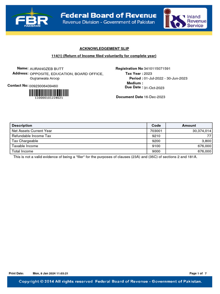 114 (1) (Return of Income Filed Voluntarily For Complete Year) - 2023 ...