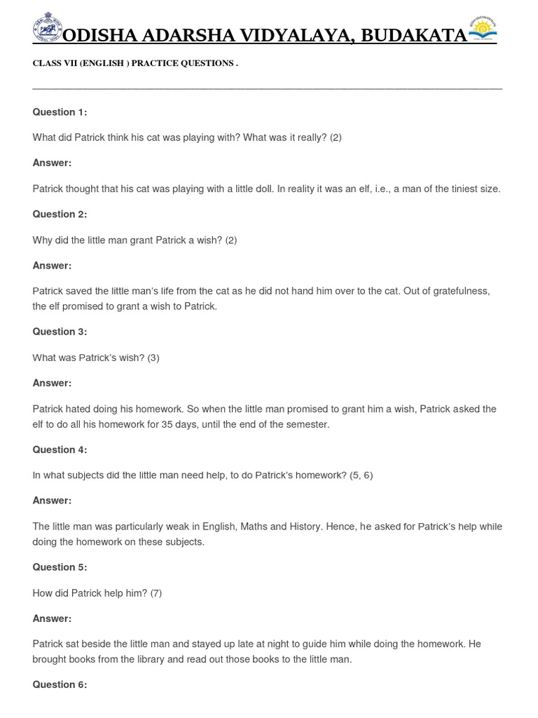 Class 7 English Practice Questions | PDF | Travel | Language Arts ...