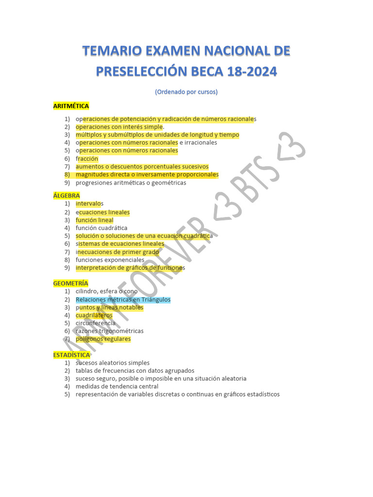 Temario Beca 18 Examen 2024 | PDF